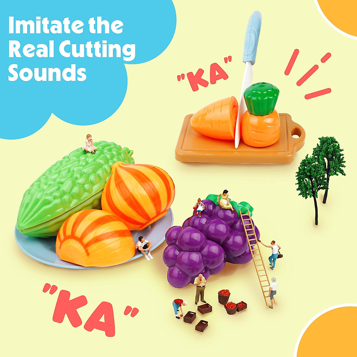 BELLOCHIDDO Kids Play Food - 70PCS Pretend Plastic Fruits & Vegetables & Kitchen Accessories with Basket, Cutting Food Toys for Toddlers - Toy Food Educational Gifts for Girls Boys