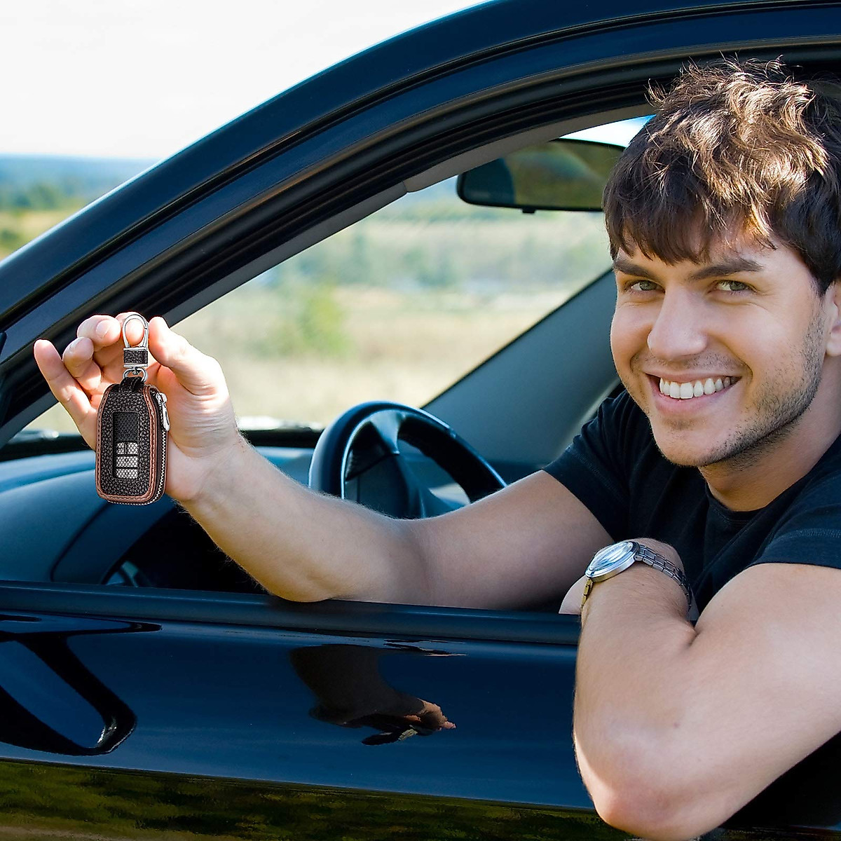 2 Pieces Leather Car Key Chain Case Holder Auto Key Fob Holder Smart Protector Cover (Brown)