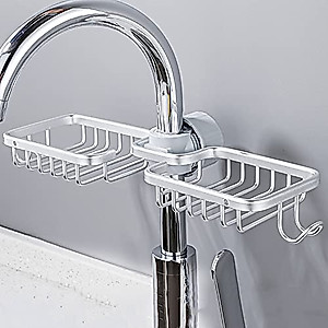 Faucet Sponge Double Holder, Sink Caddy Stainless Steel Faucet Drainage Shelf for Kitchen Sink, Shower Caddy Hanging Bath Shelf Organizer Basket, With Hook Drain Shelf (Black)