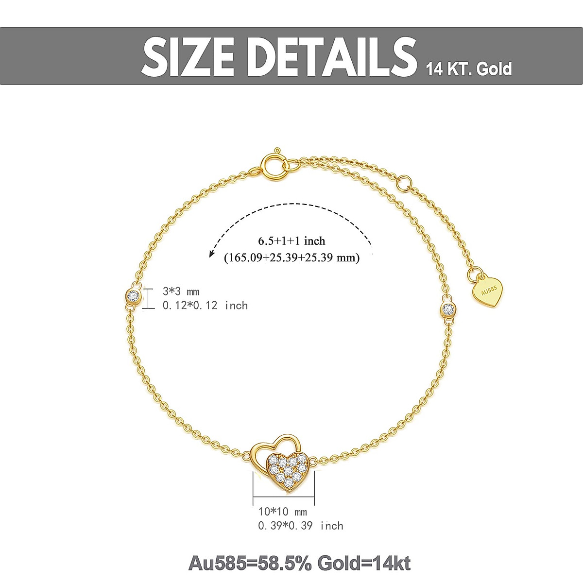 SISGEM 14K Real Gold Hearts Beaded Bracelets for Women,Yellow Gold Love Bracelet Three Hearts Jewerly Gifts for Birthday Christmas 6.5+2 inch