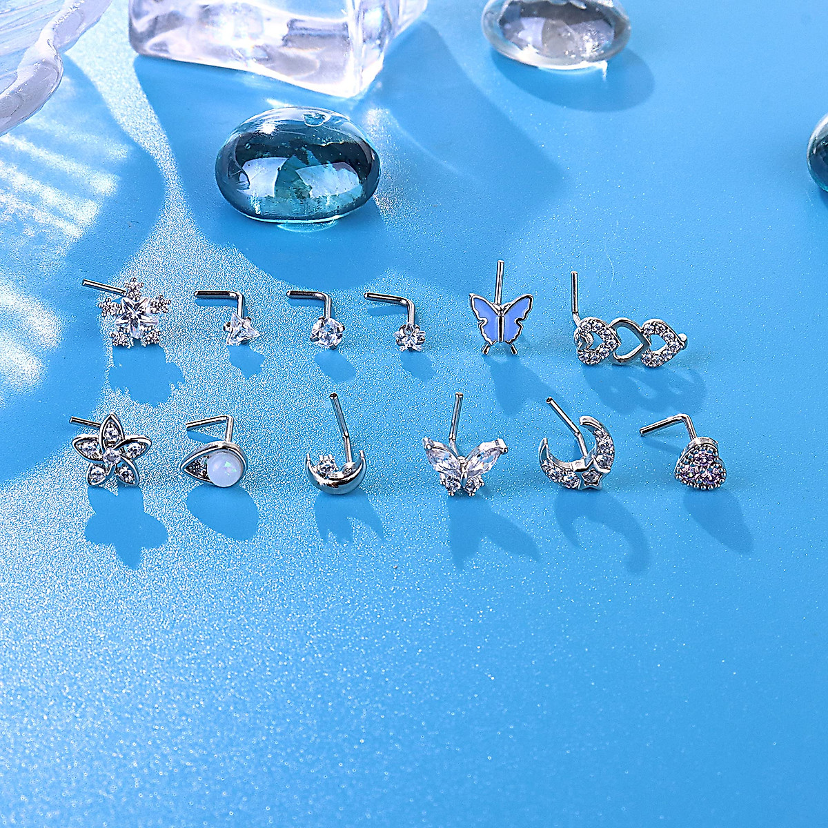 DOLOTTA 12PCS 20G Surgical Steel Nose Rings Studs for Women Men CZ Moon Star Butterfly Nose Rings L Shaped Opal Snowflake Flower Nose Studs Silver