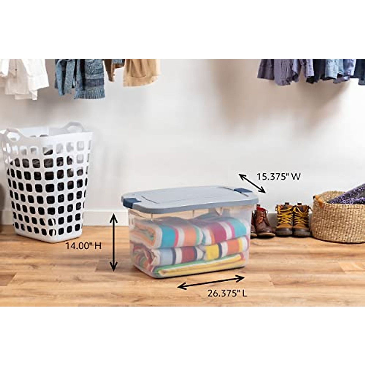 Rubbermaid Roughneck Clear 66 Qt/16.5 Gal Storage Containers, Pack of 4 with Latching Grey Lids, Visible Base, Sturdy and Stackable, Great for Storage and Organization