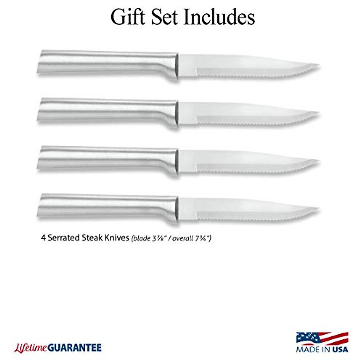 Rada Cutlery Serrated Steak Knife Set Stainless Steel Knives with Brushed Aluminum, Set of 4, 7 3/4, Silver Handle