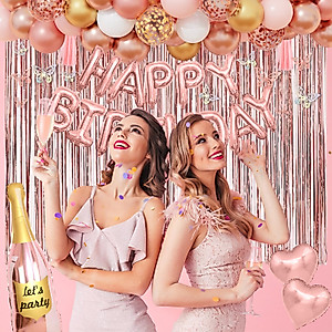 Amandir Rose Gold Birthday Party Decorations for Women Girls, Rose Gold Pink Confetti Foil Balloons, Butterfly, Fringe Curtain, Happy Birthday Banner, Cake Topper for30th 40th 50th 60th Supplies Decor