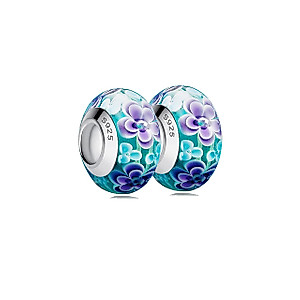 TIFVGEV 2pcs Murano Glass Charms for Pandora Bracelets Authentic 925 Sterling Silver Charms for Bracelets Lavender Flower Beads Charms for Women