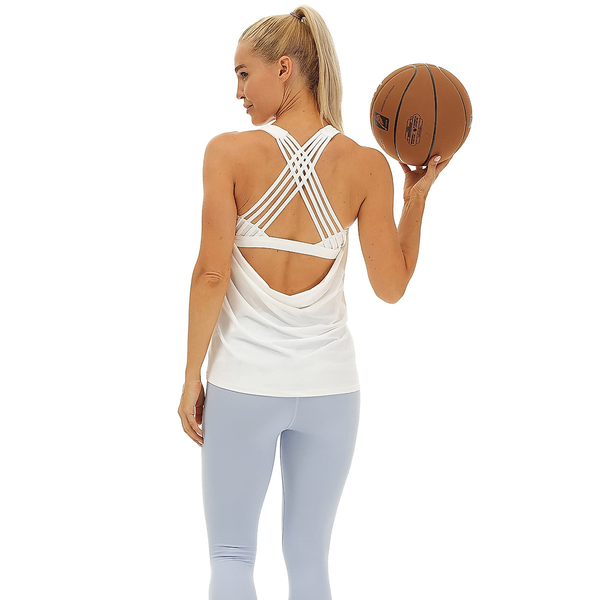 icyzone Yoga Tops Workouts Clothes Activewear Built in Bra Tank Tops for Women (Off White, XL)