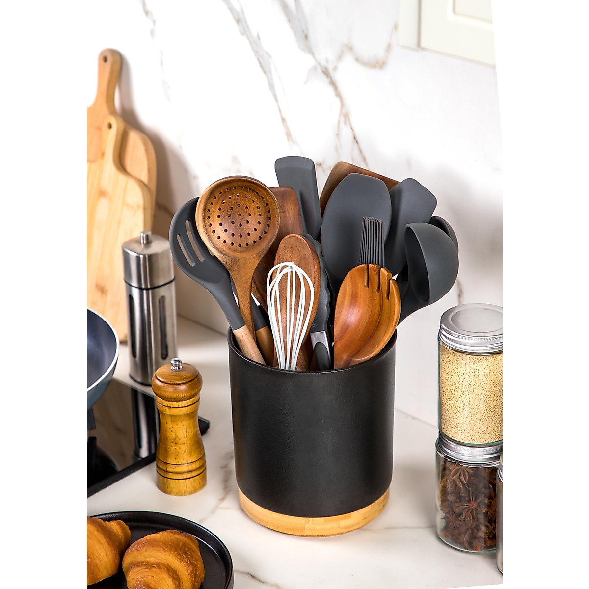 Nucookery 360°Rotating Utensil Holder, 7.2" Kitchen Utensil Crock, Ceramic Cooking Utensil Organizer with Countertop-Protection Cork Bottom for Farmhouse Kitchen Decor Christmas (Stone Black)