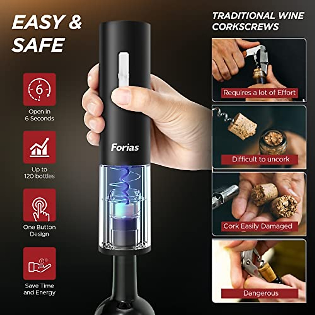 Forias Electric Wine Opener, Automatic Wine Bottle Opener Set with Rechargeable Wine Opener,Electric Wine Aerator Pourer,Vacuum Wine Stopper and Foil Cutter 4-in-1 Wine Gift Set