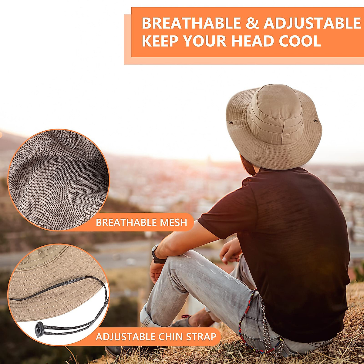 Obling Sun Hat, Fishing Hat UPF 50 Wide Brim Bucket Hat Safari Boonie Hat B-Khaki