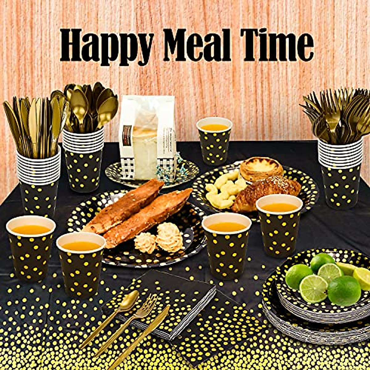 176 Pieces Gold Disposable Party Dinnerware Set &Golden Dot Disposable Party Dinnerware - Black Paper Plates Napkins Cups, Gold Plastic Forks Knives Spoons (25 Guests,176 Pieces)