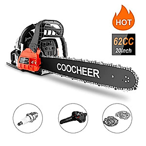 COOCHEER 62CC Gas Chainsaw, 20" 2-Stroke Portable Gasoline Chainsaw with Carrying Bag & 2 Chains Tool Kit, Petrol Wood Cutting Saw for Tree Stumps and Firewood Cutting(Upgraded Version)