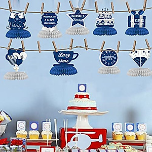 KEWEYA 9Pcs Happy Retirement Decorations Table Honeycomb Centerpieces Party Supplies Blue Silver Retirement Adventure Awaits Sign for Men Retired Decor Goodbye Retirement Signs