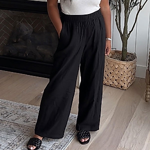 Hixiaohe Women's Casual Linen Pants Summer Elastic High Waisted Trouser Loose Wide Leg Pants(Black,XL)