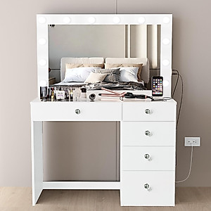 Boahaus Alana White Makeup Vanity Desk with Lights, 5 Drawers, Glass Top, USB Ports