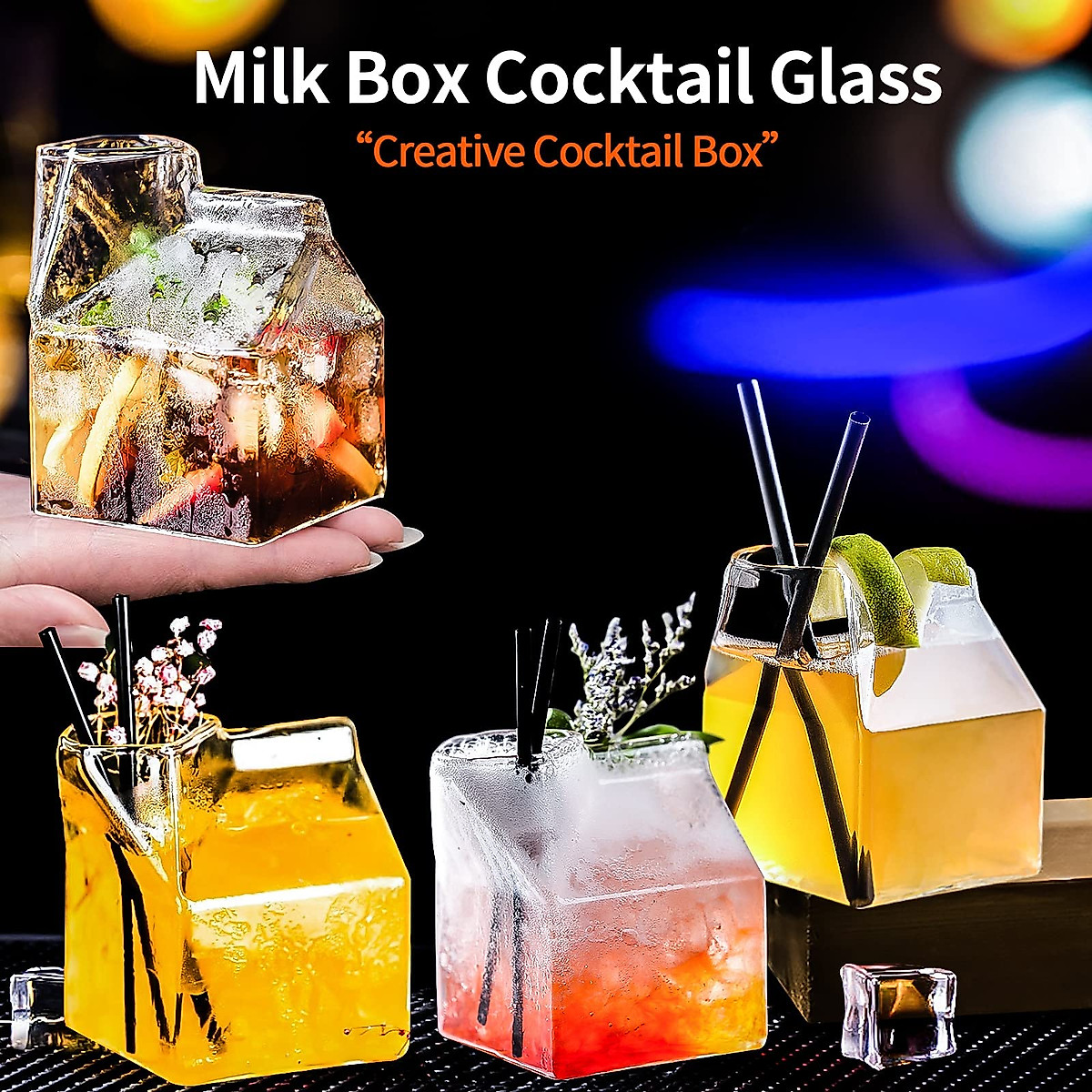 Cocktail Glasses 12oz/360ml Set of 2 Glass Milk Carton Box Creamers Lead-Free Martini Glass Mixing Cups Mini House-shaped Square Container Pitcher for Cocktails Milk Coffee Juice Whiskey Gift