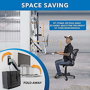 Mount-It! Sit Stand Wall Mount Workstation | Adjustable Height Stand Up Computer Station with Articulating Monitor Mount, Keyboard Tray, & CPU Holder | VESA Mount 75x75 and 100x100 | MI-7905