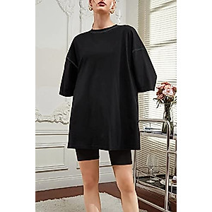 FSHAOES Women's Oversized T Shirts Casual Loose Half Sleeve Drop Shoulder Tees Summer Round Neck Cotton Tunic Tops Black