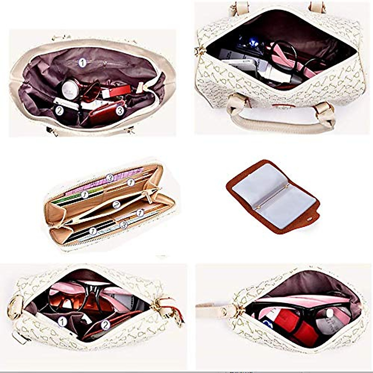 RainboSee Women 6 Pcs Handbag Tote Stitching Shoulder Bag PU Top Handle Hobo Satchel Purse Clutch Beige