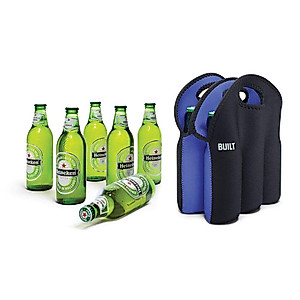 BUILT Six-Pack Soft-Grip Insulated Neoprene Beer Bottle Carrier Tote Black 6P-BLK