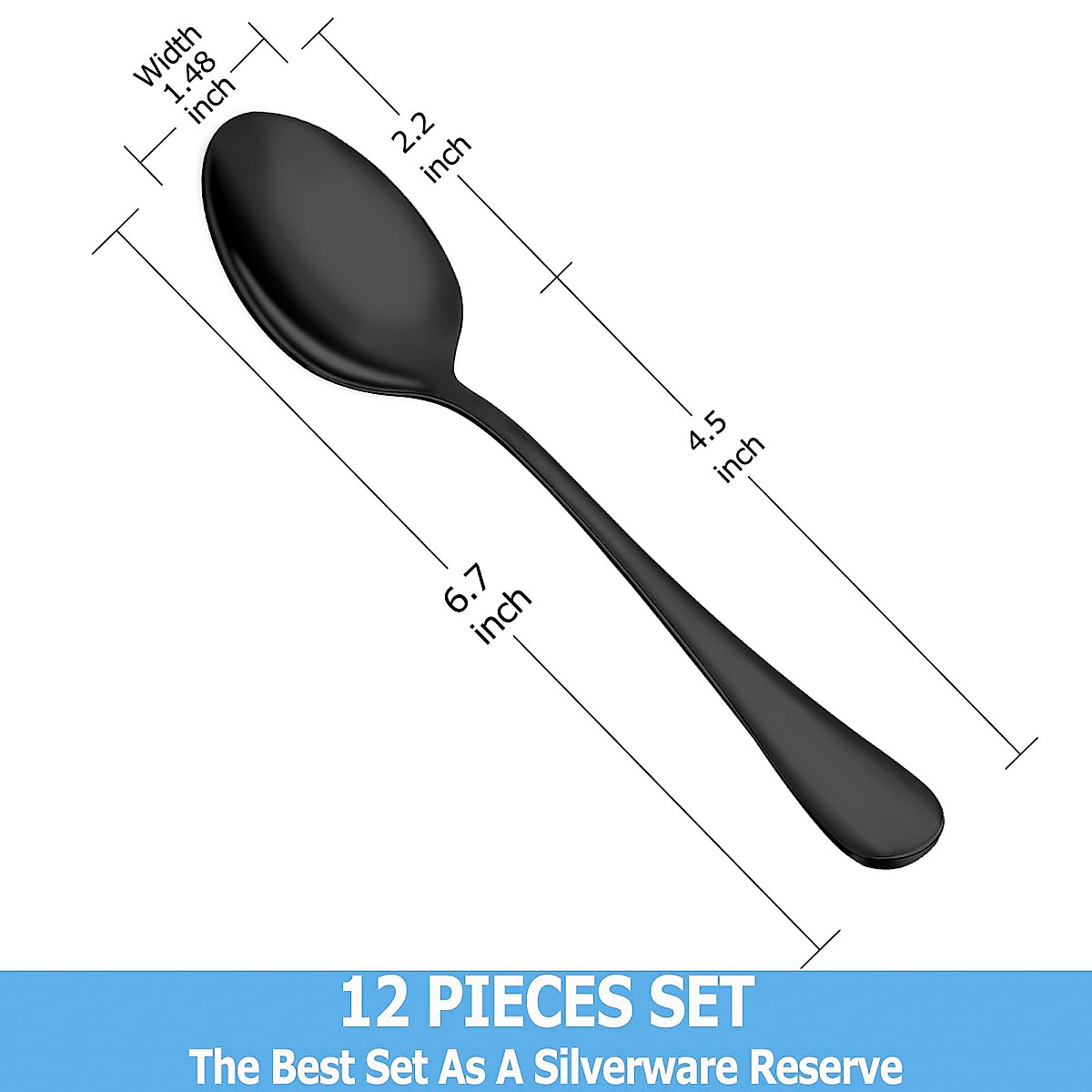 12 Piece Black Dessert Set,Food Grade Stainless Steel Tea Spoons,Durable Small Spoons,Metal Dessert Spoon,Spoons Silverware for Home,Kitchen or Restaurant,Mirror Polished & Dishwasher Safe,6.7-Inch