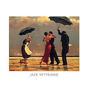 The Singing Butler Jack Vettriano Umbrella Love Dancing Beach Rain, Overall Size: 19.75x15.75, Image Size: 18.5x13.5
