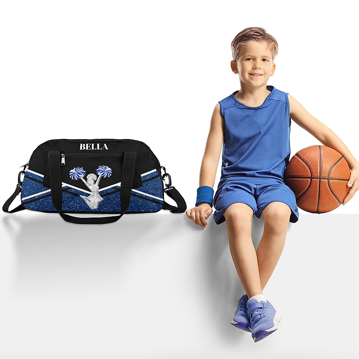 RIRIX Personalized Kids Gym Bag, Custom Sport Duffel Blue Glitter Cheer
