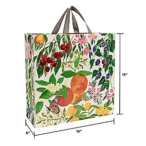 Blue Q Shopper, Orchard. Reusable grocery bag, sturdy, easy-to-clean, made from 95% recycled material, features both hand and shoulder straps, 15" h x 16" w x 6" d