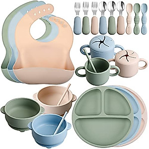 24 Pack Silicone Baby Feeding Set Baby Led Weaning Supplies Includes Suction Divided Plates Soft Bowl Spoons Forks Adjustable Bib Snack Cup and Straws for Baby Self Eating Feeding Supplies, 3 Colors
