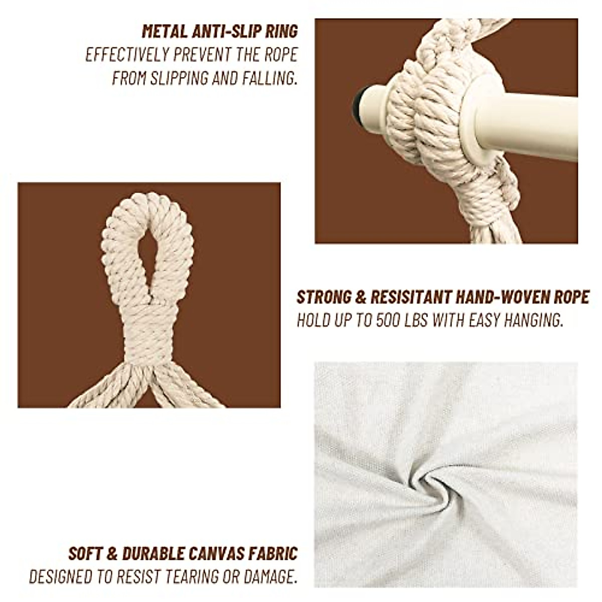 Highwild Hammock Chair Hanging Rope Swing - Max 500 Lbs - 2 Cushions Included - Steel Spreader Bar with Anti-Slip Rings - for Any Indoor or Outdoor Spaces (Beige)