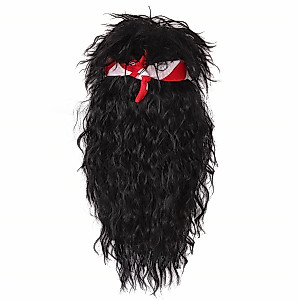 80s Wig with Bandana for Men Long Curly Black Rocker cosplay wig for Halloween