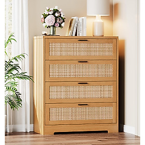 GarveeHome 4 Drawer Dresser Rattan Dresser, Tall Chest of Drawers, Wood Dresser for Bedroom, Closet, Living Room, Hallway