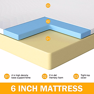 PIKAQTOP 6 Inch Twin XL Gel Memory Foam Mattress Fiberglass Free/CertiPUR-US Certified/Bed-in-a-Box/Cool Sleep & Comfy Support