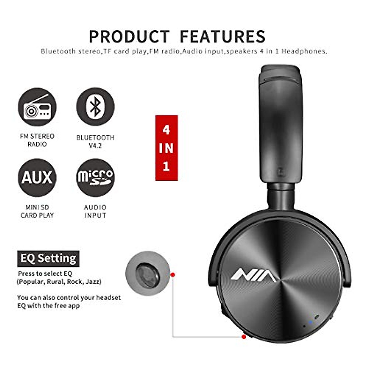 Bluetooth Wireless Over-Ear Headphones FM Stereo Radio Headset Micro SD Card Mp3 Player Built-in Lithium Battery and Microphone for PC/Cellphone/Travel/Work(Black)