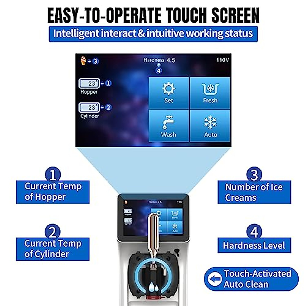 XPW Commercial Ice Cream Machine - 1000W Single Flavor Soft Serve 110V Ice Cream Maker Machine 2.7 to 4 Gallons/H Touch LCD display & Auto Clean, Ideal Ice Cream Machine for Home Bars Restaurants