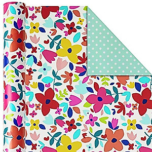 Hallmark Reversible Floral Wrapping Paper (3 Rolls, 120 sq. ft. ttl) Pink, Blue, Green, Yellow, Bright Flowers for Easter, Mothers Day, Birthdays, Bridal Showers, Baby Showers or Any Occasion