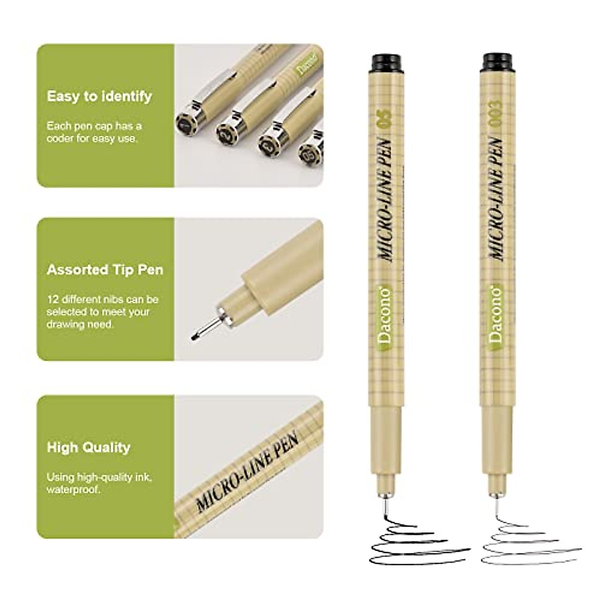 Dacono Drawing Pens, Set of 12 Micro-Pen Fineliner Ink Pens, Black Precision Multiliner Pens for Artist Illustration, Sketching, Calligraphy,Technical Drawing, Manga, Anime, Scrapbooking