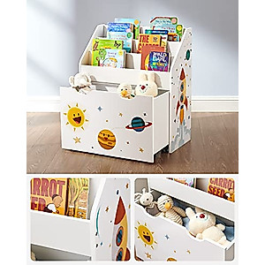 SONGMICS Kids Bookshelf, Toy Organizer, Chest and Bookcase with 3 Shelves, Storage Box with Wheels, Multipurpose, Space Theme 11.6D x 24.6W x 27.6H in