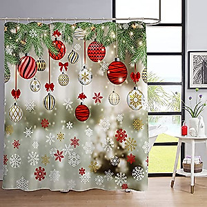 ArtSocket 4 Pcs Shower Curtain Set Colorful Christmas Balls Snowflakes with Non-Slip Rugs Toilet Lid Cover and Bath Mat Bathroom Decor Set 72" x 72"