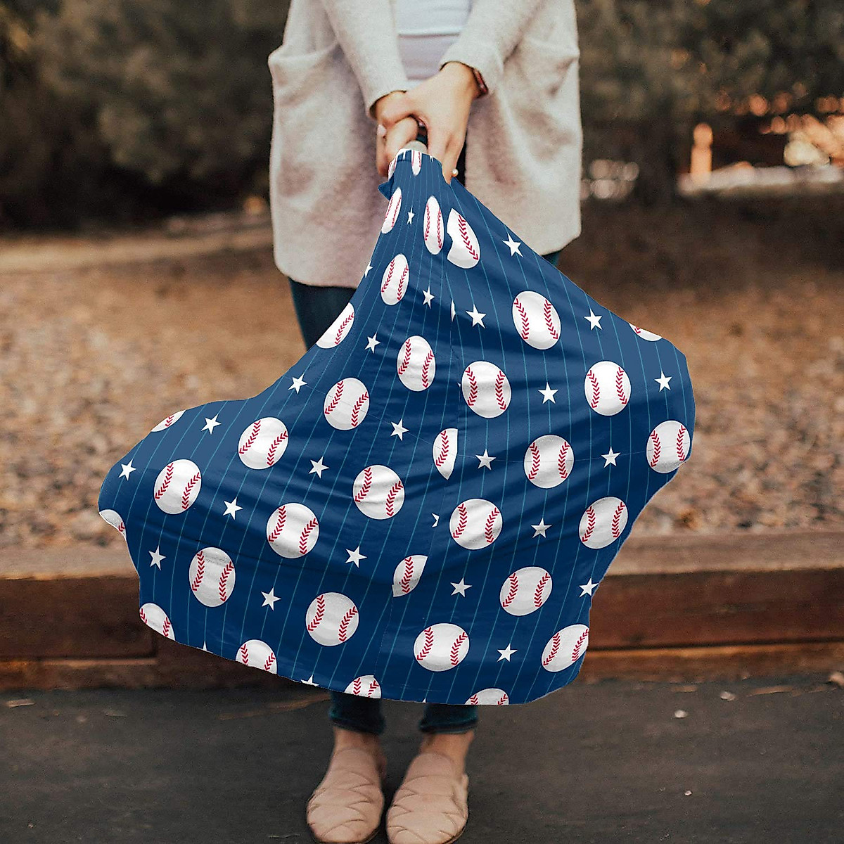 Cartoon Ball Nursing Cover, Breastfeeding Scarf, Soft Breathable Infant Carseat Canopy, Shopping Cart, High Chair, Stroller Covers 26x27.6 inches Baseball with Stars Blue Background
