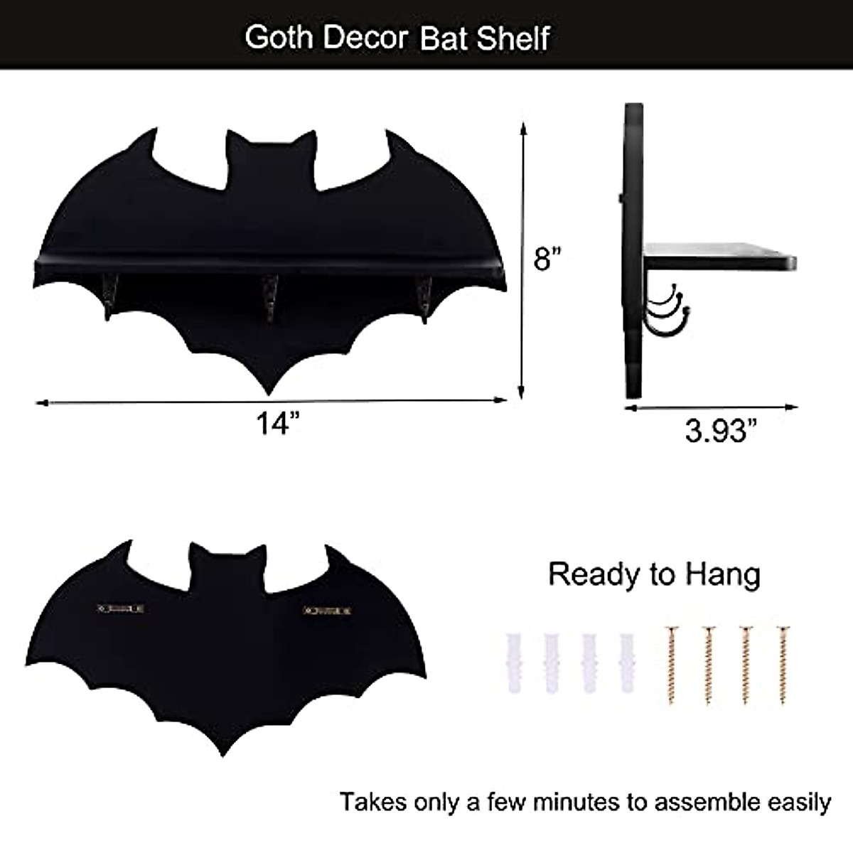 Bat Shelf Coffin Shelf Crystal Shelf Spooky Floating Shelves Goth Decor Bat Shelf,Wooden Gothic Decor for Home, Black Hanging Wooden Shelf for Wall, Witchy Room Decor for Crystal Keys