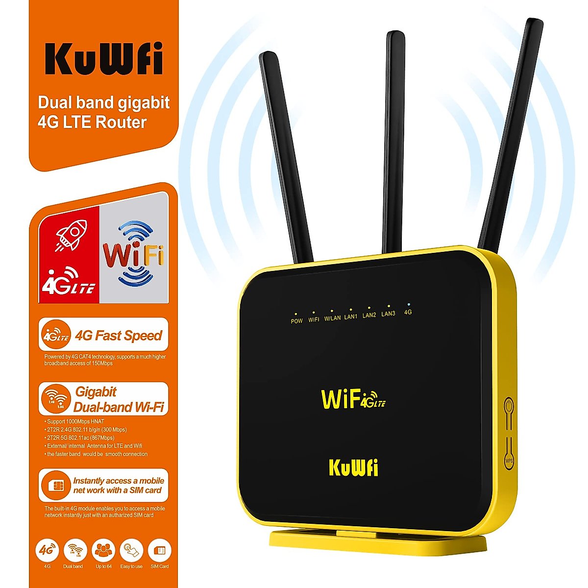 KuWFi vSIM Hotspot 4G LTE Router 1200Mbps Dual Band Gigabit WiFi External Antenna with US 2GB Data vSIM Router Offer high-Speed Data Plans to accommodate RV orRural No Contract Plug and Play