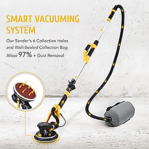 ZELCAN 800W Drywall Sander with Vacuum Attachment, 6 Speed Folding Sander with Extendable Handle LED Lights Dust Collector and 6 Sanding Discs, Drywall Power Tool for Woodworking Home Improvement