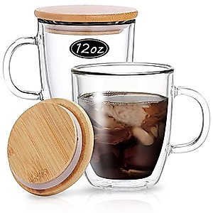 Wwyybfk Double Wall Glass Coffee Mugs,12oz Insulated Glass Espresso Mugs Cups with Handle Lid (Set of 2) for Cappuccino, Latte, Tea (340ml)