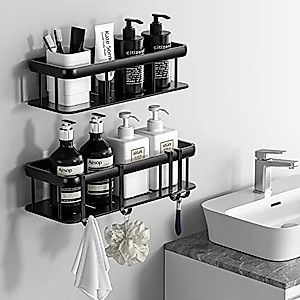 Midphorn 2-Pack Adhesive Shower Caddy, No Drilling Shower Shelf with Hooks Rustproof Wall Mounted Shower Organizer for Inside Shower Bathroom Storage Shampoo Holder, Matte Black
