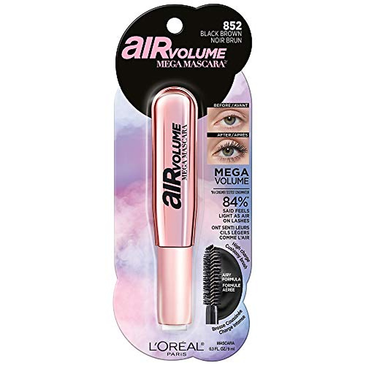 L'Oreal Paris Makeup Air Volume Mega Mascara, Lightweight & Long-lasting Volumizing Mascara for Voluminous Eyelashes, Washable Black Brown, 0.3 Fl Oz