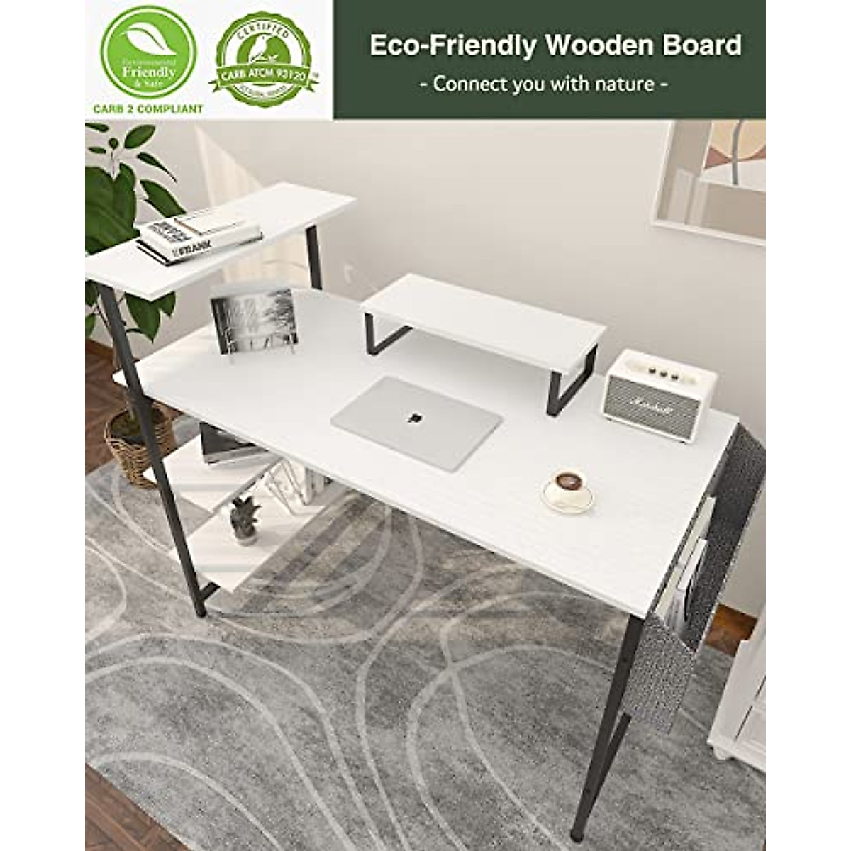 Innerjoin 47 inch Computer Desk with Shelves, Home Office Desk with Monitor Stand, 4 Tier Shelves, Storage Bag, Metal Frames, White