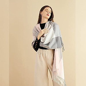 Sumato Scarf for Women Fall Winter Lightweight Shawl Wraps Long Blanket Women Scarves Warm Soft Cashmere Feel Plaid Pattern Tassel Grey