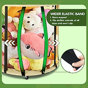 Stuffed Animal Organizer, Toy Organizer Cage with Wider Elastic Band for Small Medium Large Plush Holder, Round Wooden Storage Bins for Boys Girls, Nursery Play Room
