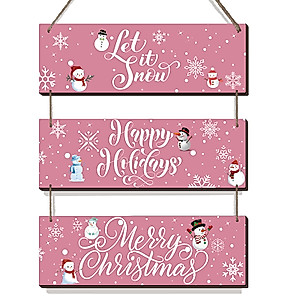 3 Pieces Christmas Wood Wall Decor Rustic Wall Hanging Decor Let It Snow Wall Decor Merry Christmas Wooden Ornaments Happy Holidays Sign for Front Door Porch Indoor Outdoor Home (Pink Snowflake)