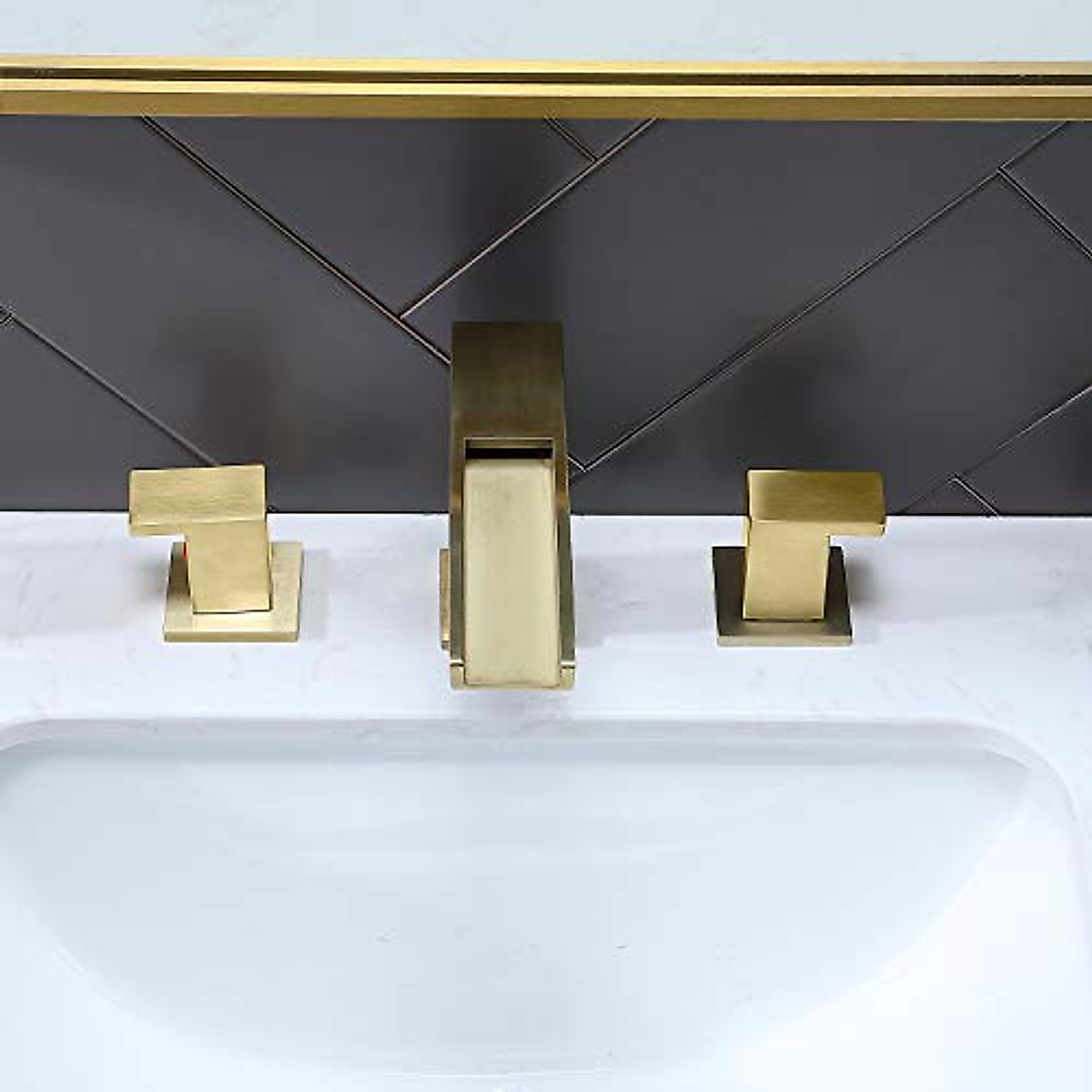 Ufaucet Modern Commercial 2 Handle 3 Hole Widespread Brushed Gold Waterfall Bathroom Faucet,8 inch Bathroom Vanity Sink Faucet with Hoses and Pop Up Drain